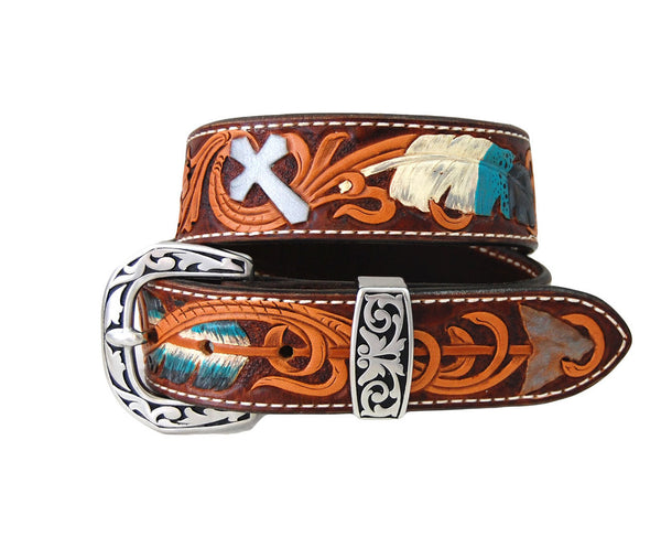 Hand Tooled , Dyed & Painted 28" Feather Belt with Buckle – Bar C Saddlery
