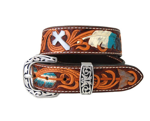 Hand Tooled , Dyed & Painted 28" Feather Belt with Buckle – Bar C Saddlery